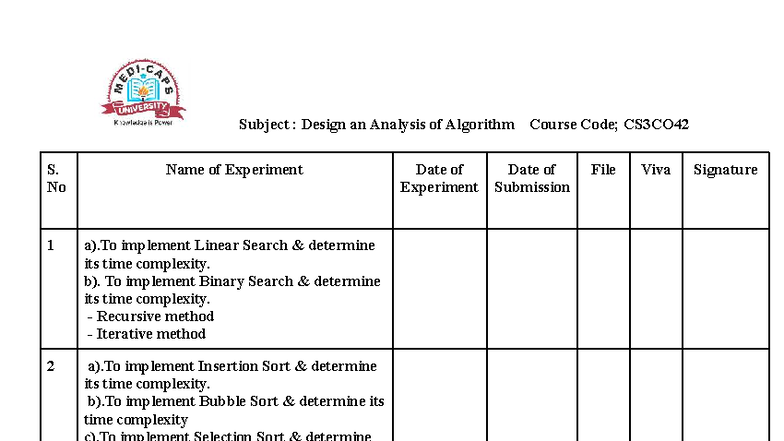 DAA Experiments & Time Complexity Analysis - CS3CO42 - Studocu