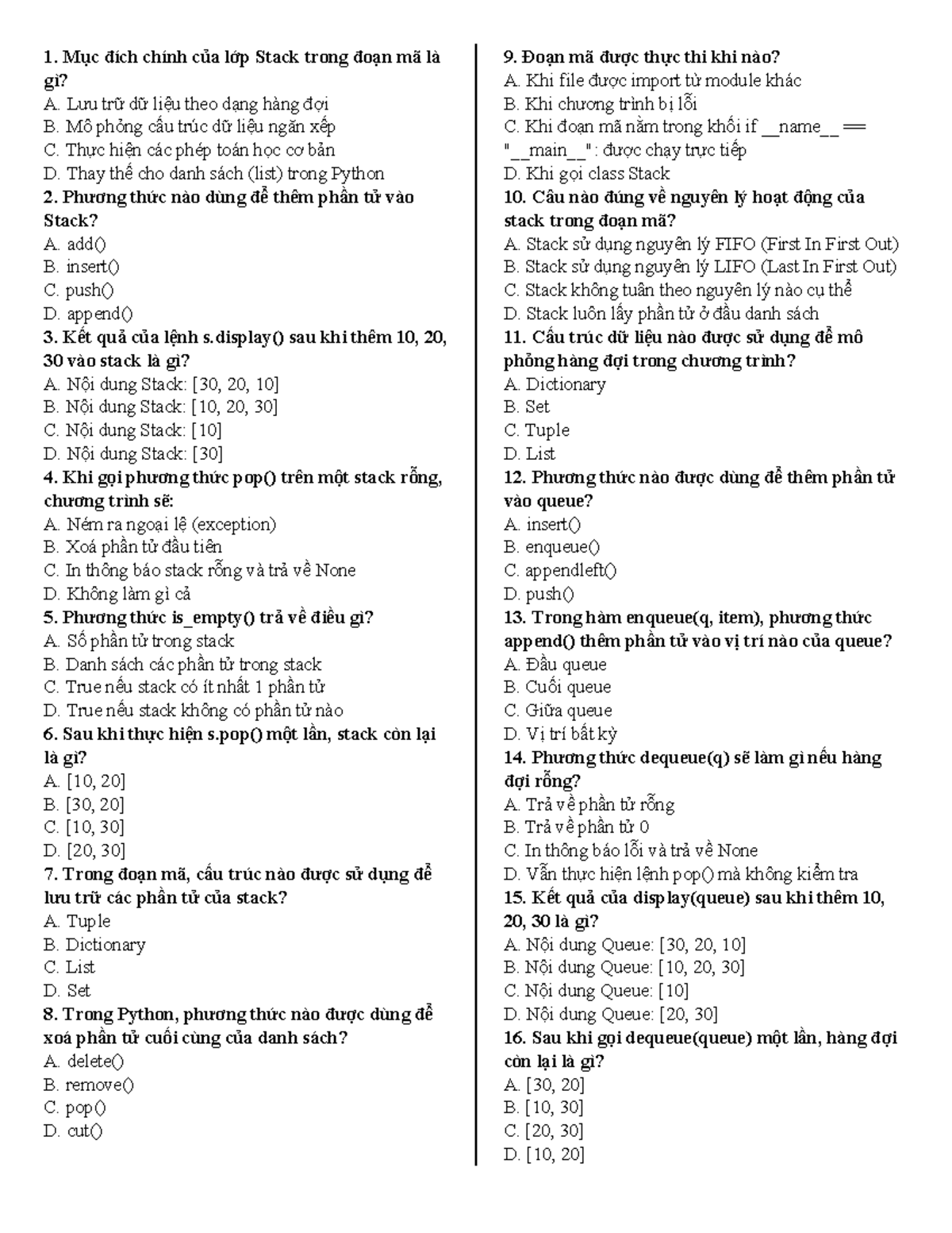 Trắc nghiệm về Stack và Queue trong Python - Studocu