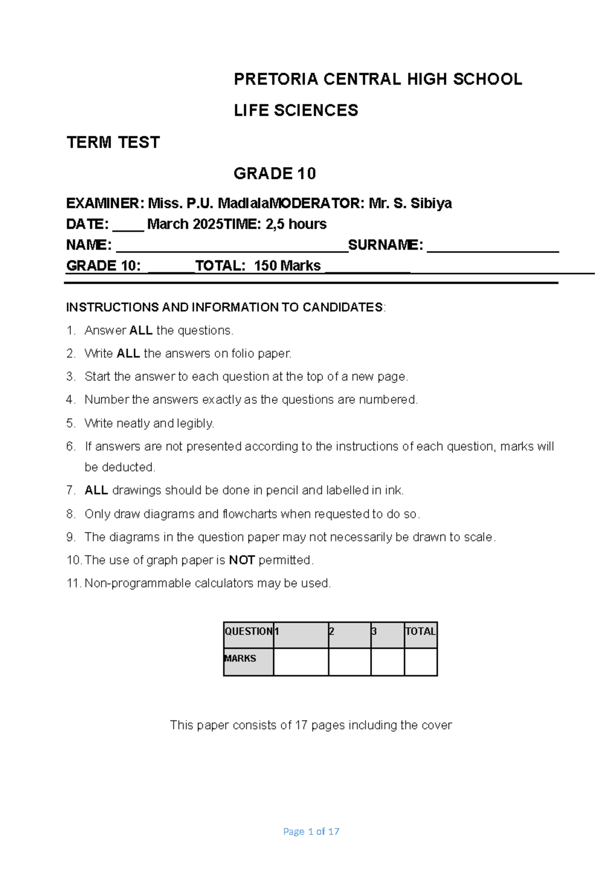 Grade 10 Life Sciences Term 2 June Test - 150 Marks - Studocu