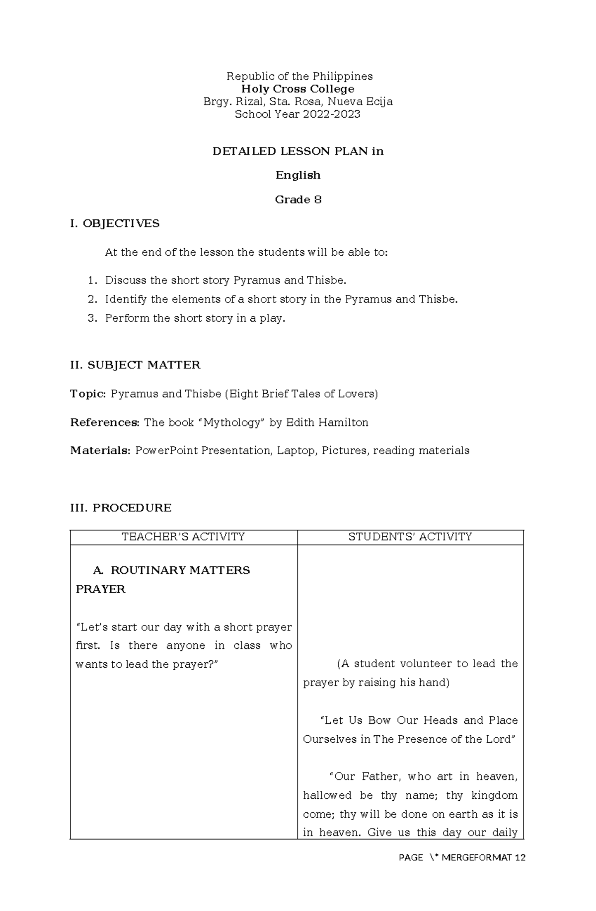Detailed Lesson Plan: Pyramus and Thisbe (Grade 8 English) - Studocu