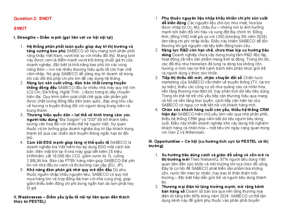 Final Essay 2024: SWOT Analysis and Strategic Business Plan for SABECO ...
