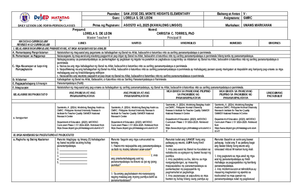 Q1 GMRC Daily Lesson Log (DLL) for Week 6 - August 2025 - Studocu