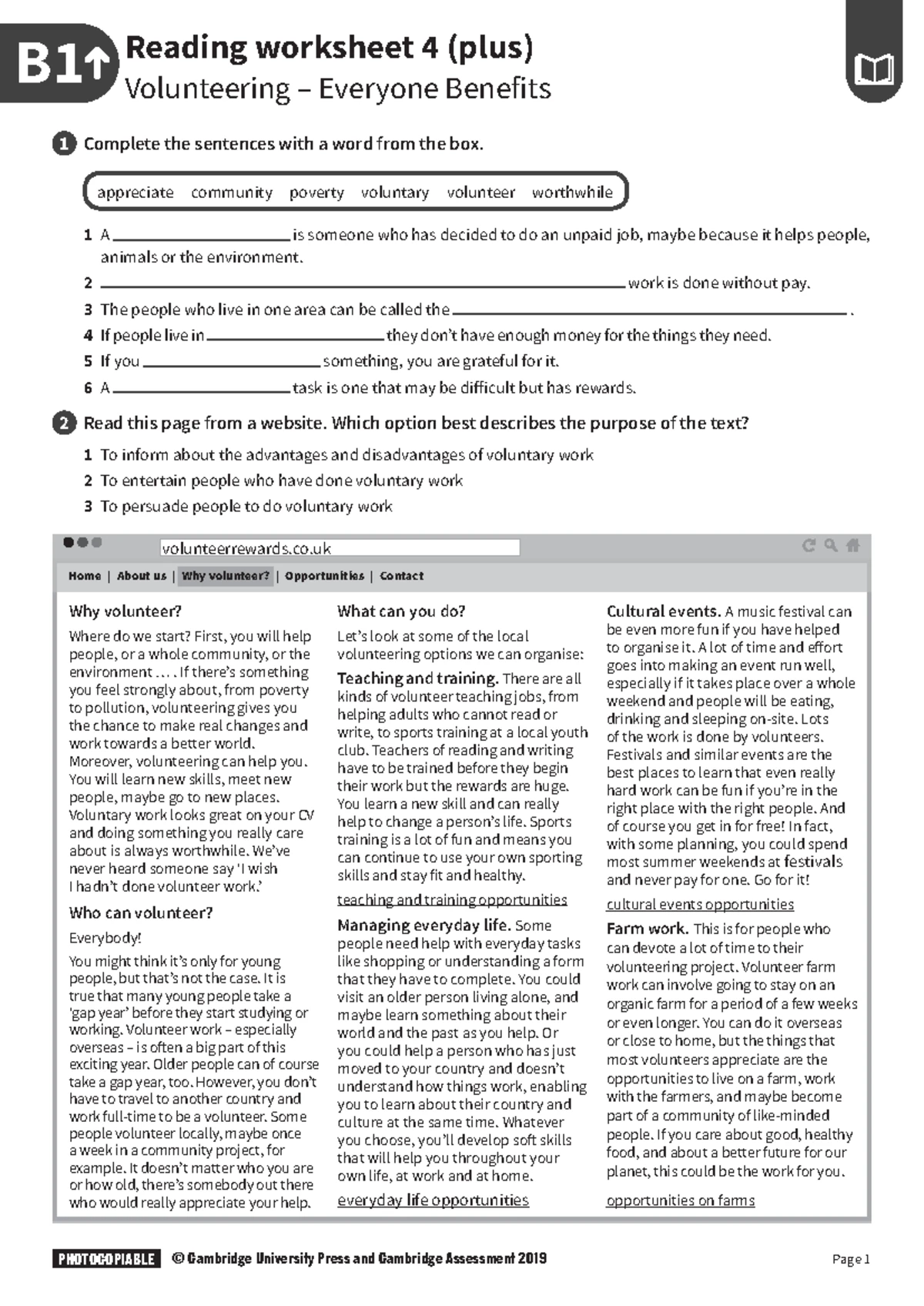 OW B1 Preliminary Reading Worksheet 3 Standard - B PHOTOCOPIABLE ...