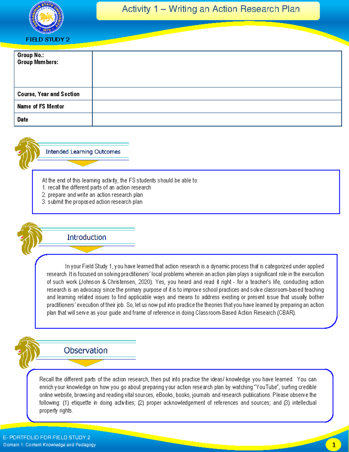 Field Study 2: Action Research Plan Guide for E-Portfolio - Studocu