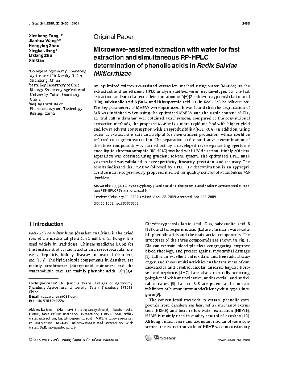 Optimized HPLC Method for Fast Extraction of Phenolic Acids in Danshen ...