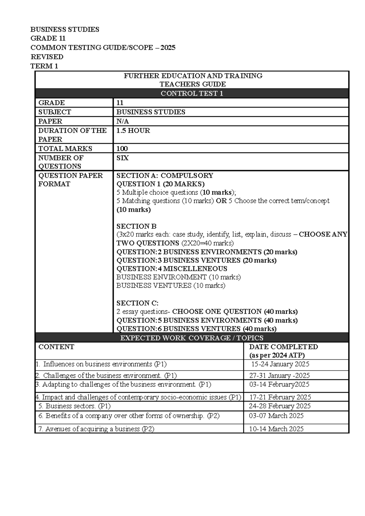 2025 GRADE 11 BUSINESS STUDIES Testing Guide/SCOPE - Revised - Studocu