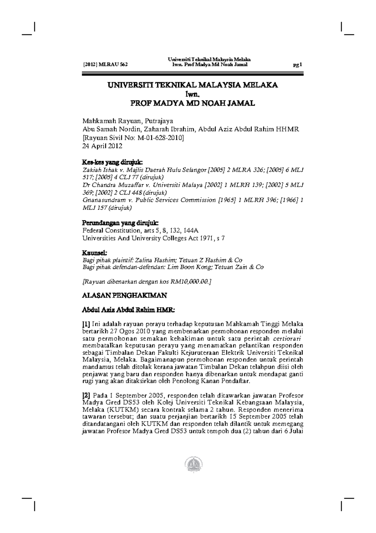 Kes Rayuan Sivil No: M-01-628-2010 lwn. Prof Madya Md Noah Jamal - Studocu