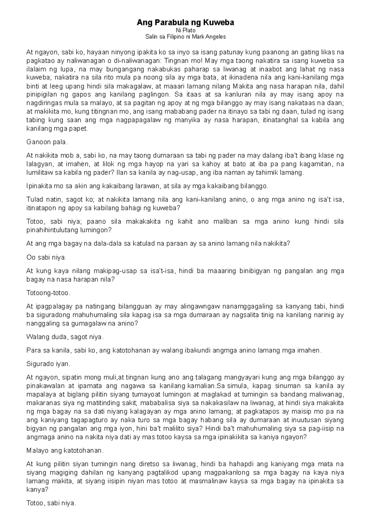 Salin ng "Ang Parabula ng Kuweba" ni Plato: Pagsusuri at Pagninilay ...