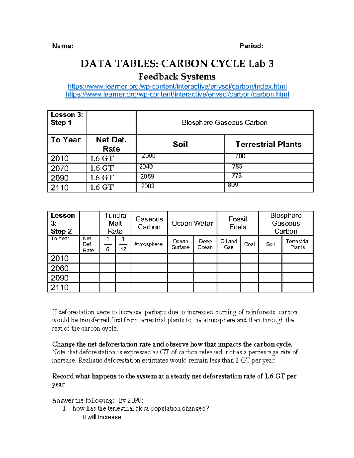 Carbon Cycle Lab #3 Worksheet: Exploring Feedback Systems - Studocu