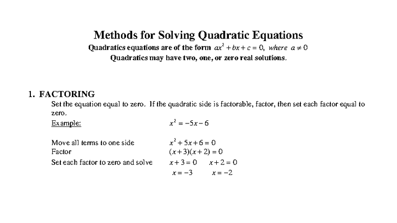 Methods for Solving Quadratic Equations in Math 101 - Studocu