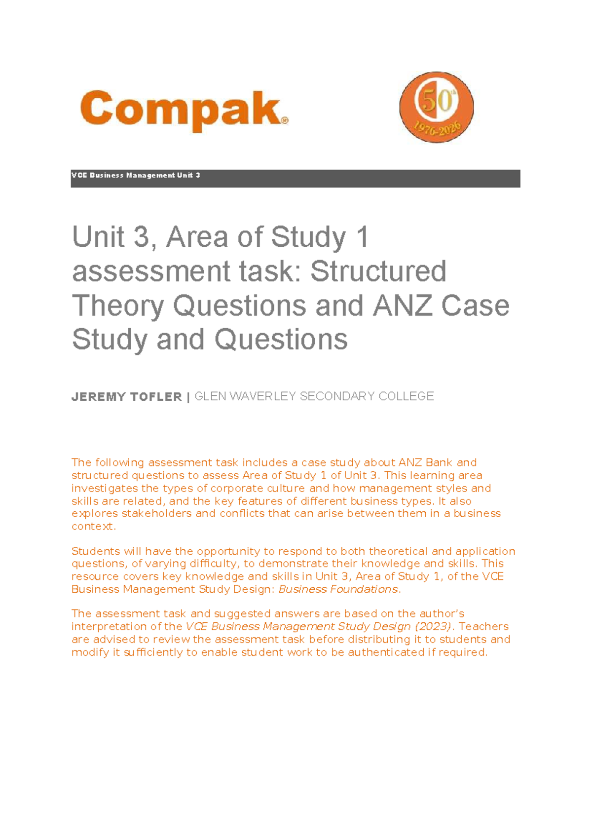 VCE Business Management Unit 3: Area of Study 1 Assessment Task on ANZ ...