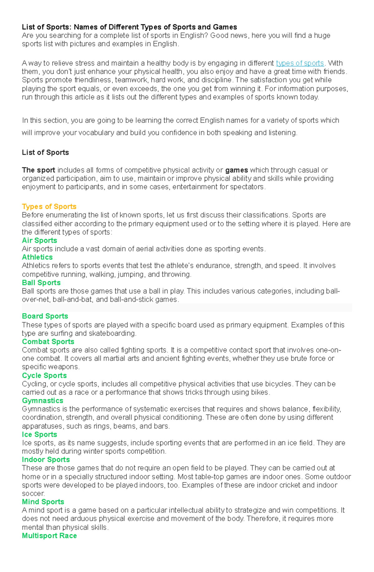 Comprehensive List of Sports with Examples - NOTES - Studocu