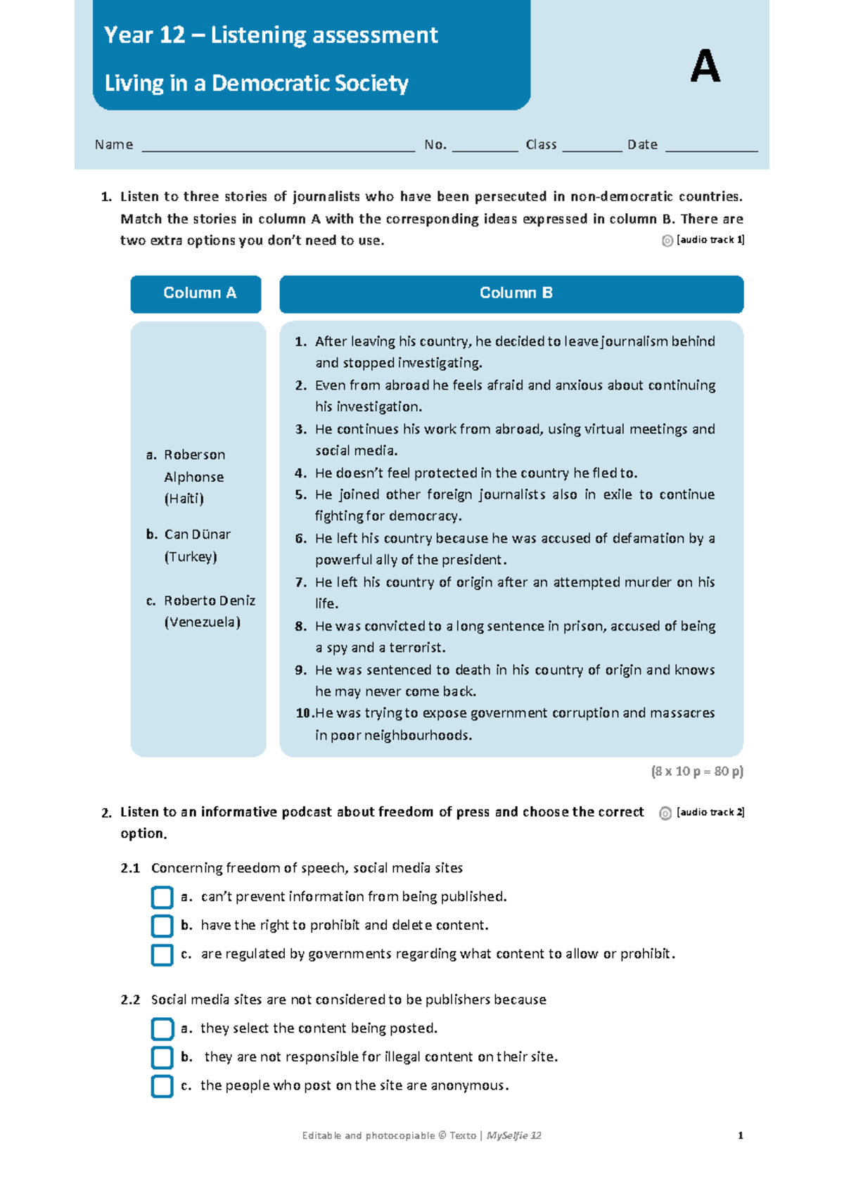 Living in a Democratic Society - Year 12 Listening Assessment A - Studocu