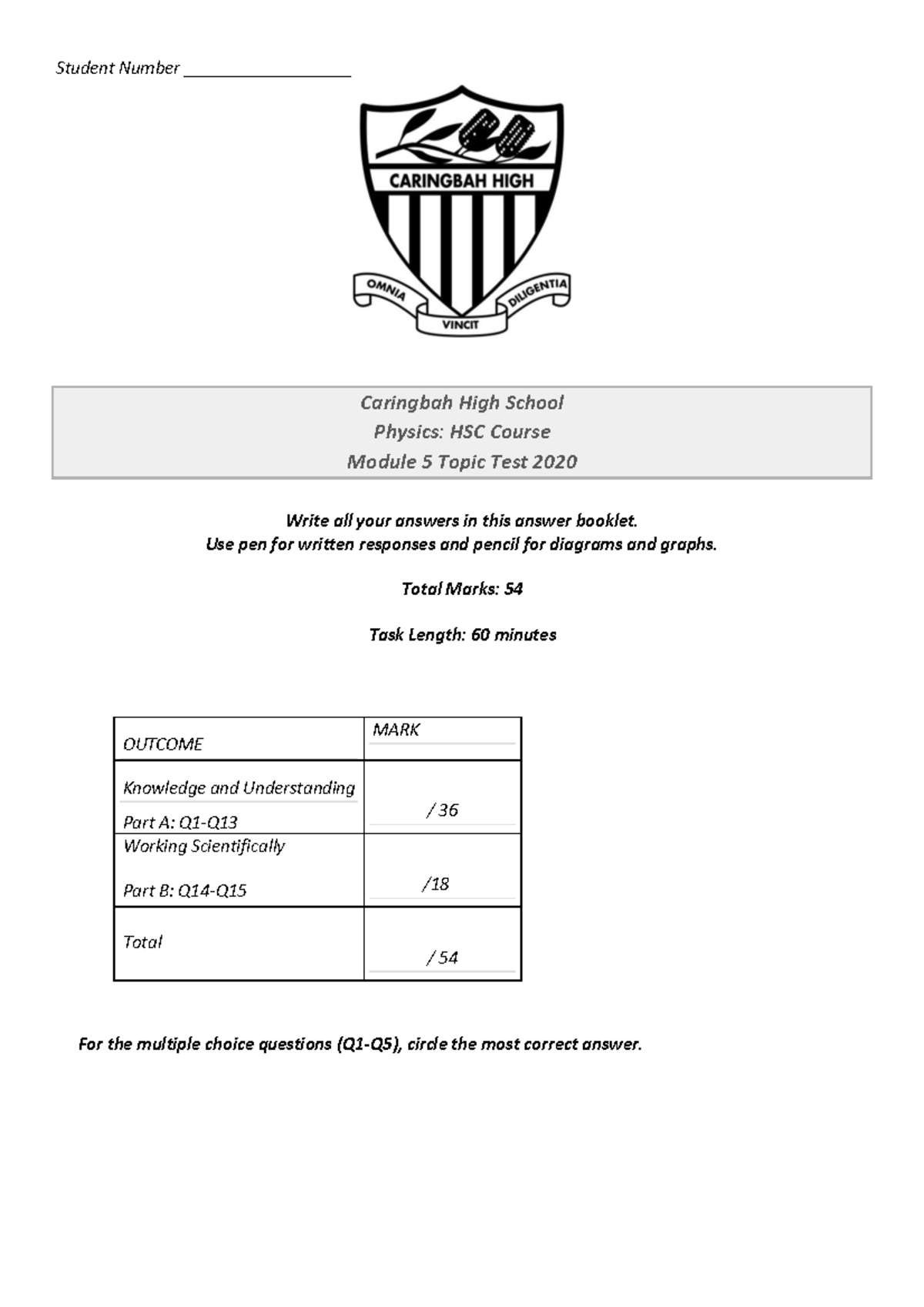 Yr 12 Physics Module 5 Test 2020 - Student Number ...