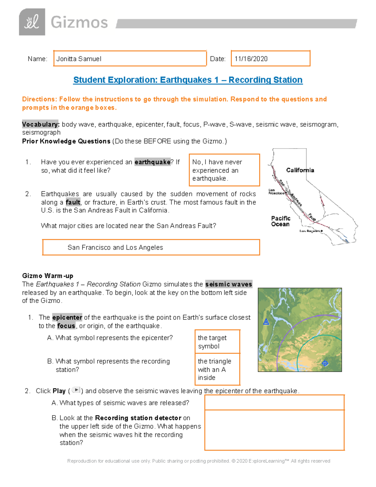 Earthquakes Gizmo - Name: Jonitta Samuel Date: 11/16/ Student ...
