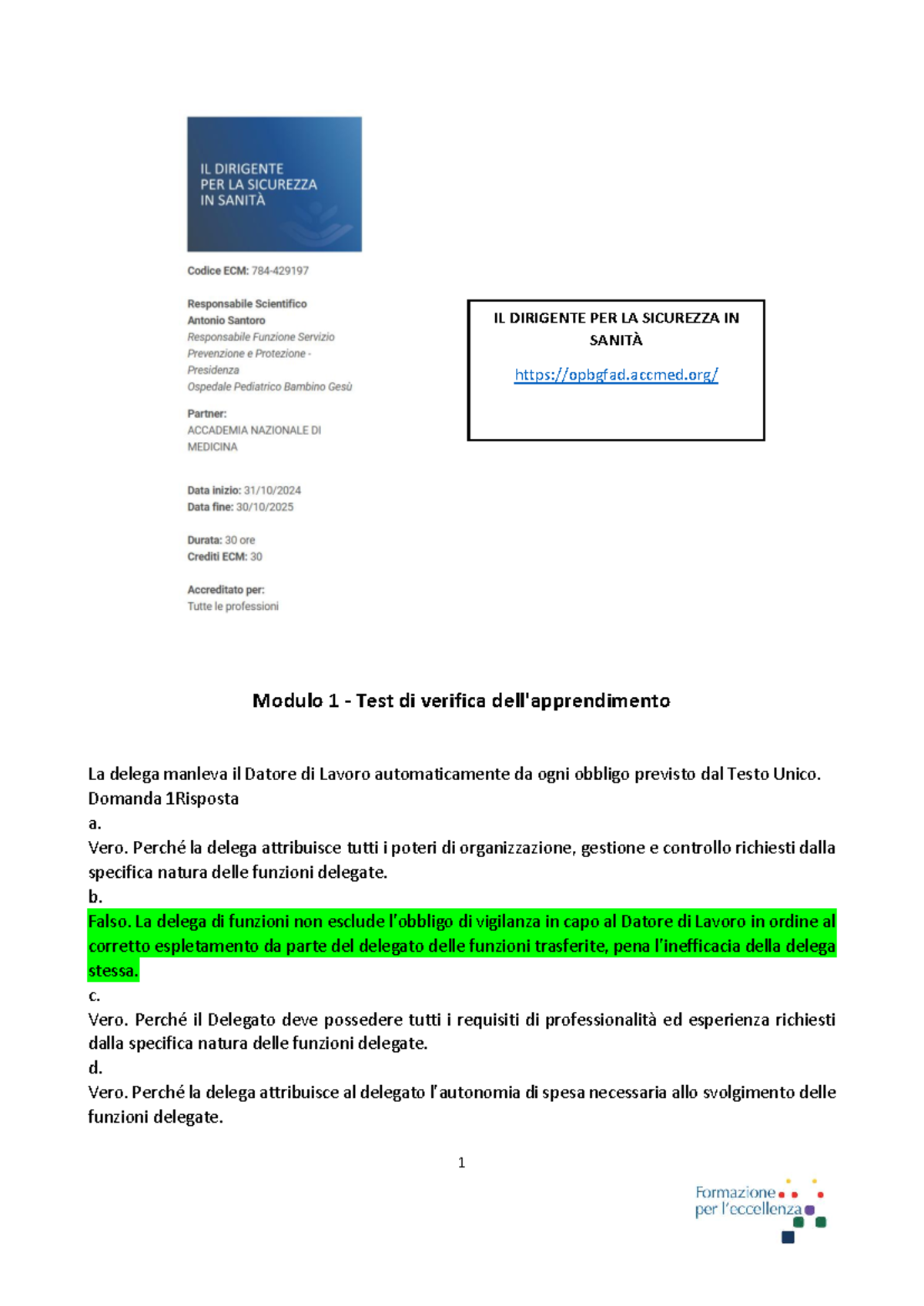 Test Completamento OPBG 2024: Sicurezza e Salute - Domande e Risposte ...