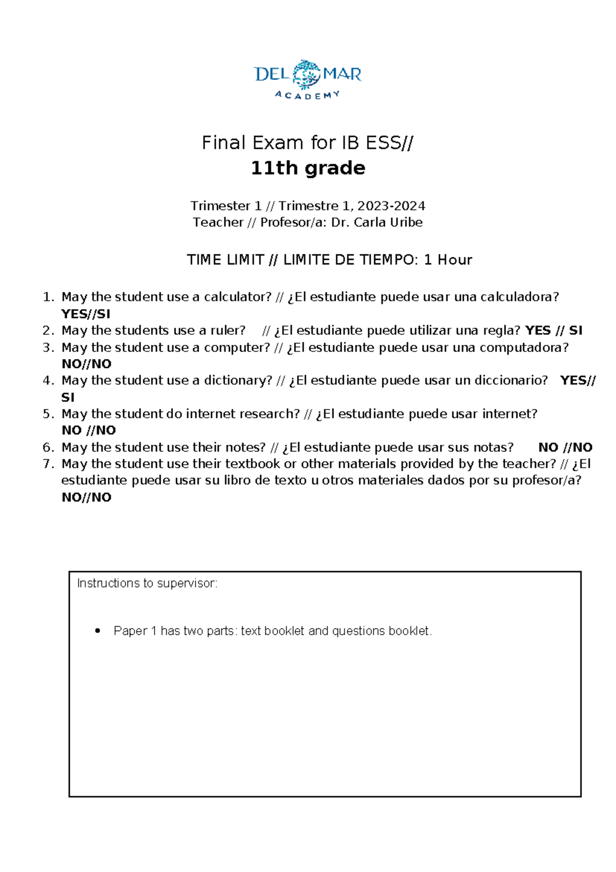 IB ESS Final Exam Paper 1 Question Booklet SL - Trimester 1, 2023 - Studocu