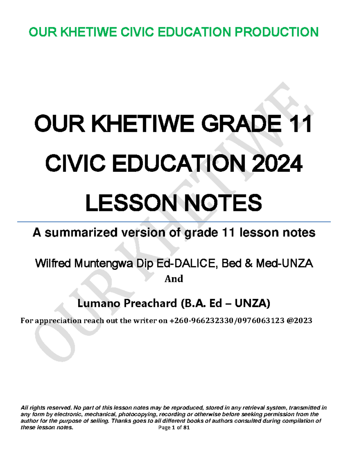 OUR KHETIWE GRADE 11 CIVIC EDUCATION 2024 LESSON NOTES - Studocu