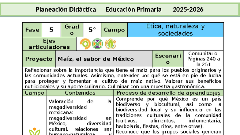 Planeación Didáctica Proyecto Maíz El Sabor De México 5to Grado 2417