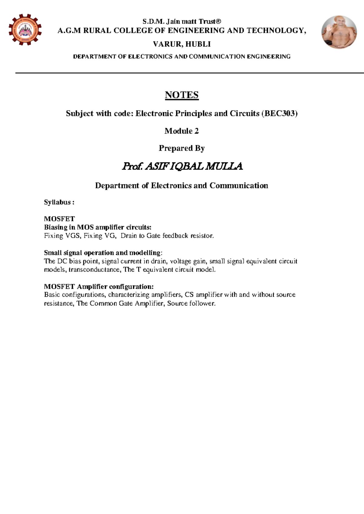 BEC303 Electronic Principles and Circuits Module 2 Notes on MOSFET ...