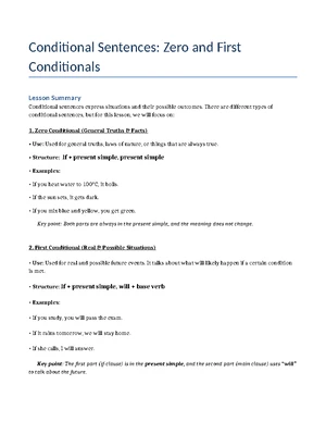 Conditional Sentences Worksheet: Zero & First Conditionals Exercise - Studocu