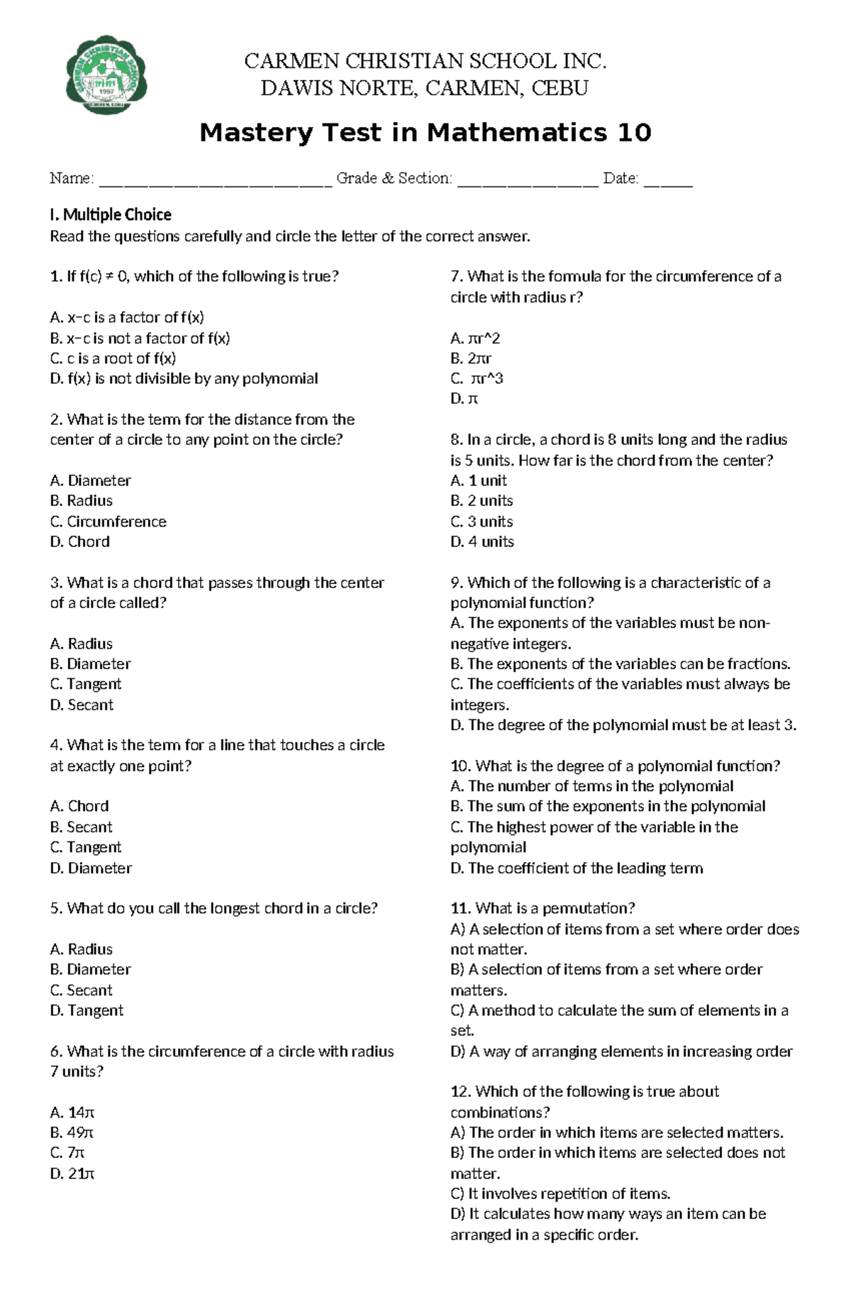 Mastery Test in Mathematics 10: Concepts and Problem Solving - Studocu