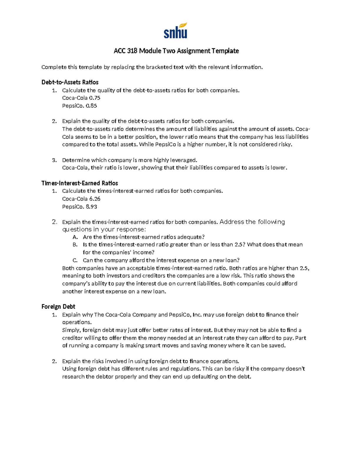 ACC 318 Module Two Assignment: Debt & Times-Interest-Earned Ratios ...