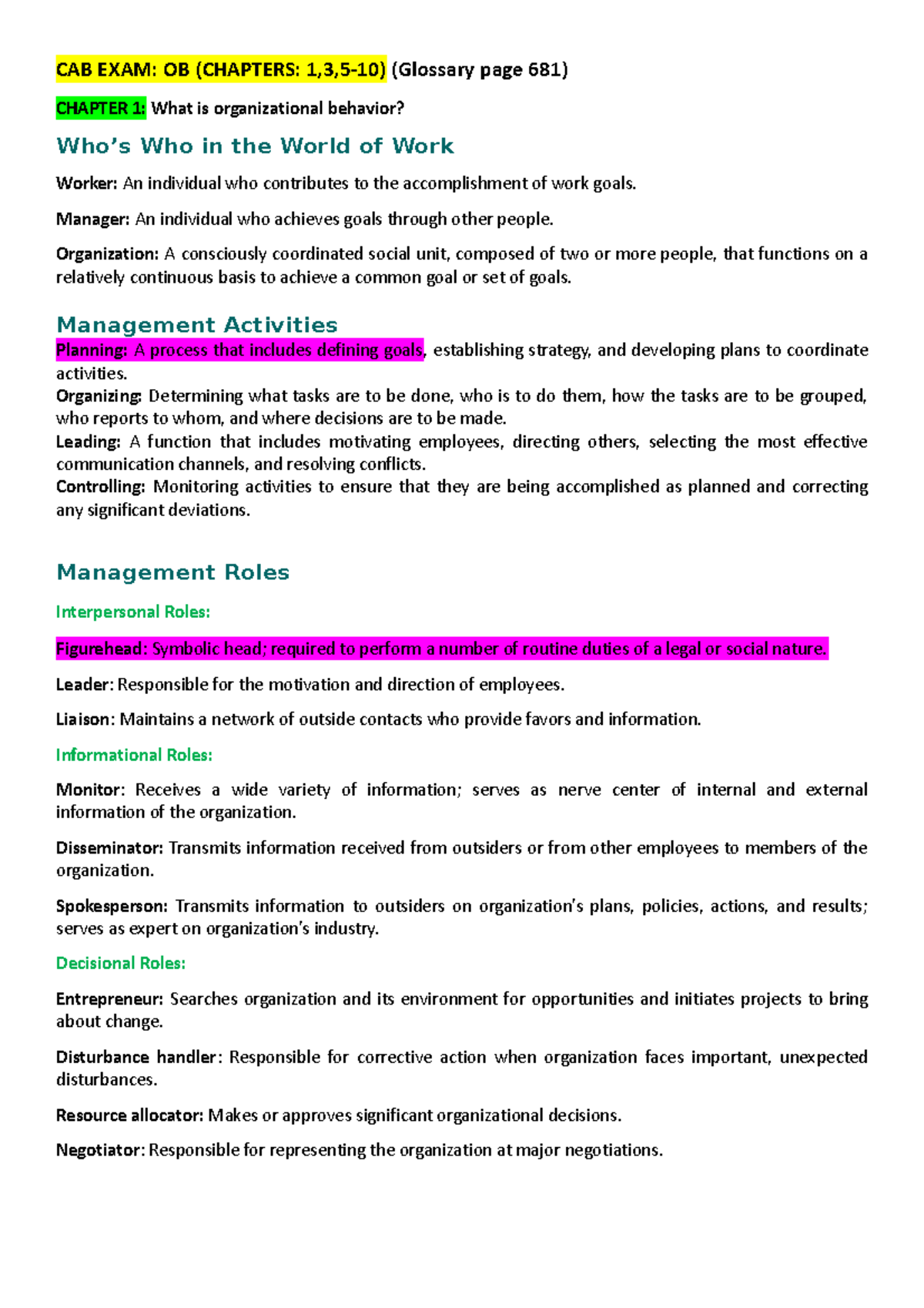 CAB EXAM: OB Study Guide (Ch. 1, 3, 5-10) & Key Concepts - Studeersnel