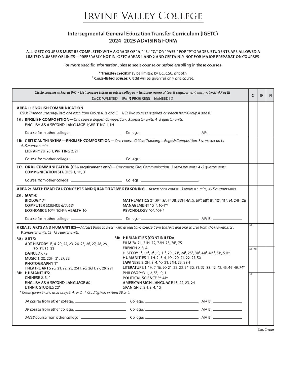 IGETC Advising Form for Irvine Valley College (IVC) - Studocu