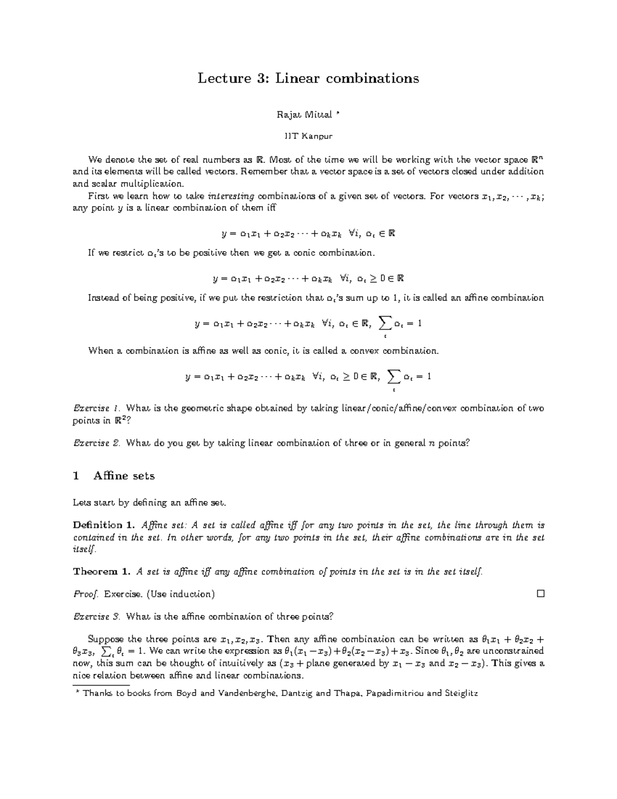 Lecture 3: Linear, Affine, & Convex Combinations Overview - Studocu