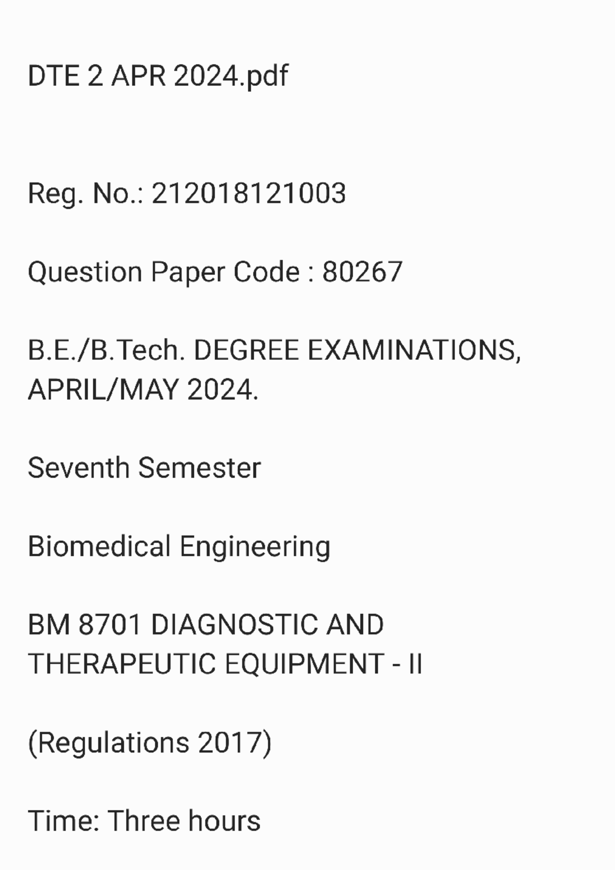 BM 8701 Final Exam Question Paper - Diagnostic & Therapeutic Equipment ...