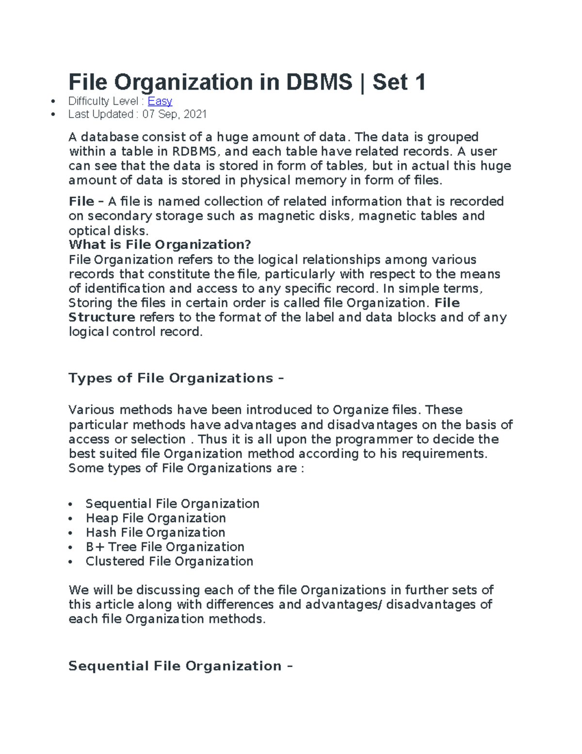 File Organization in DBMS: Set 1 - Easy Difficulty Level - Studocu