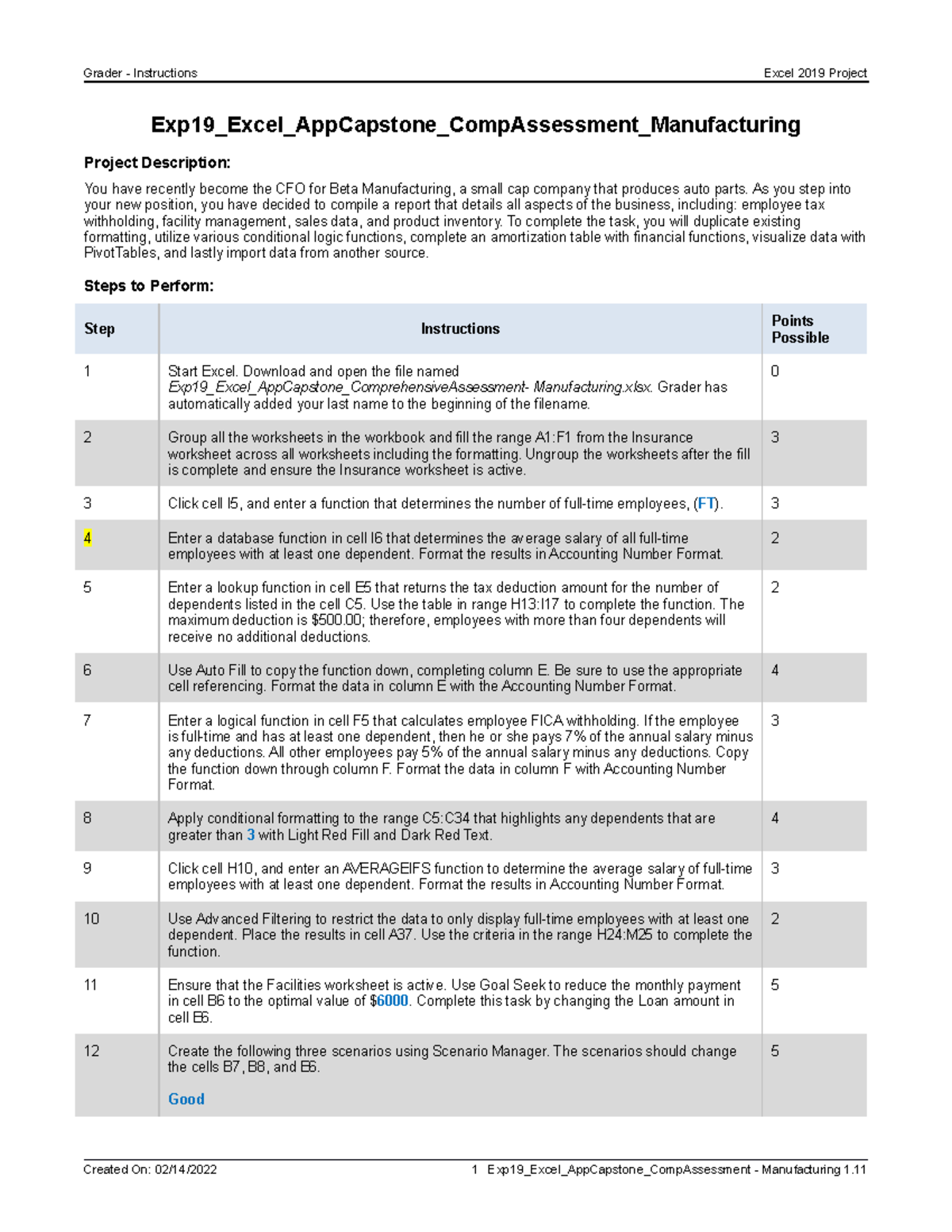 Exp19 Excel App Capstone Comp Assessment Manufacturing Instructions - Grader - Instructions ...