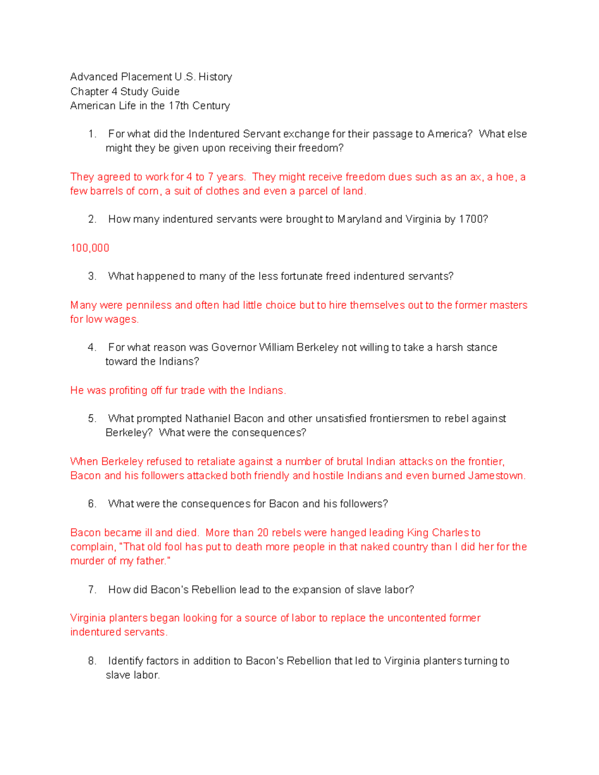 AP U.S. History Ch. 4 Study Guide: Indentured Servants & Rebellion ...