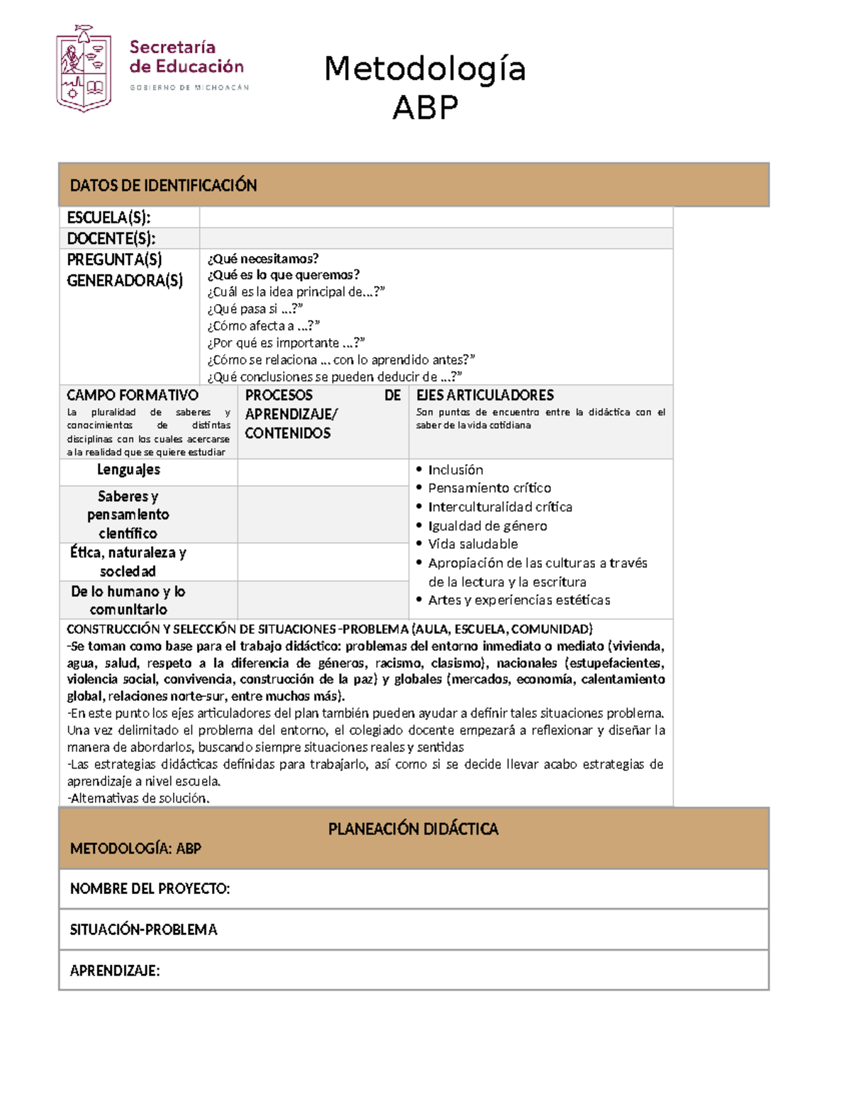 Formatos de planeación de ABP - Metodología ABP DATOS DE IDENTIFICACIÓN ESCUELA(S): DOCENTE(S ...
