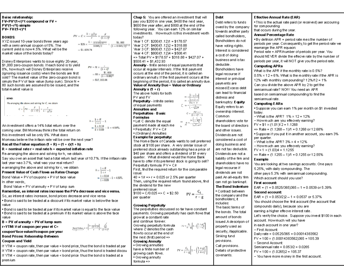 Finance Cheat Sheet: Bonds, Annuities, and Investment Returns - Studocu