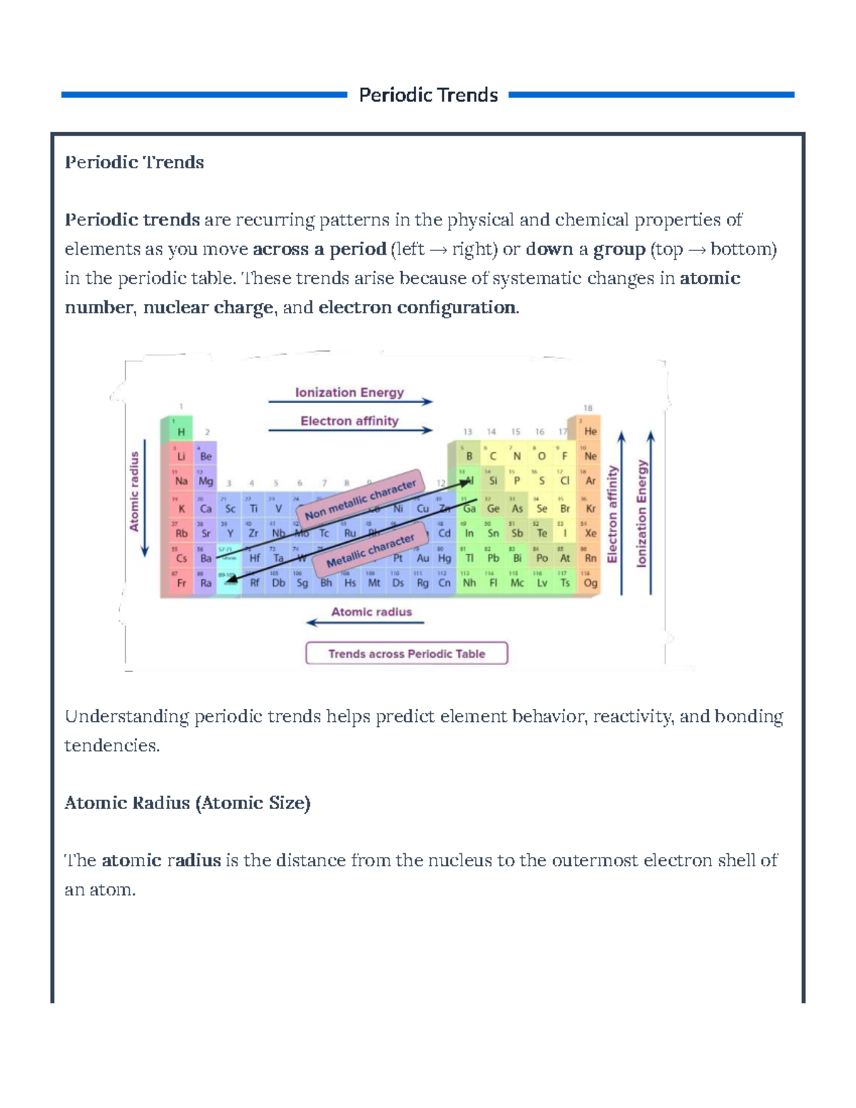 Periodic Trends in Reactivity, Atomic Radius, and Ionization - Studocu