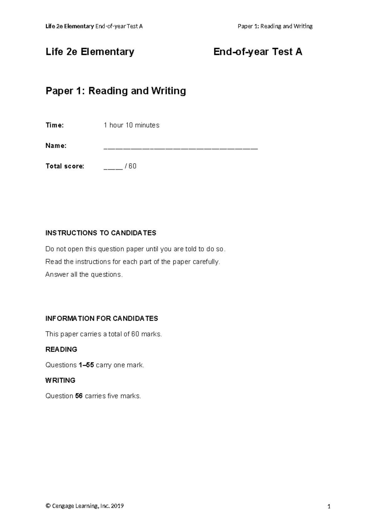 Life 2e Elementary Test A: Reading & Writing Paper 1 - Studocu