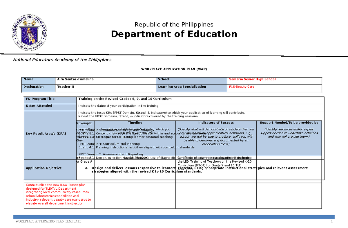 WAP Template for Training on Revised Grades 6, 9, and 10 Curriculum ...