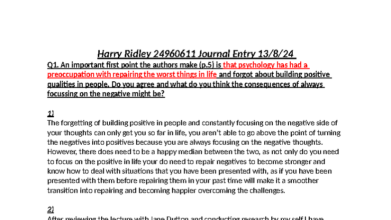 Harry Ridley 24960611 Journal Entry: Reflections on Flourishing vs ...