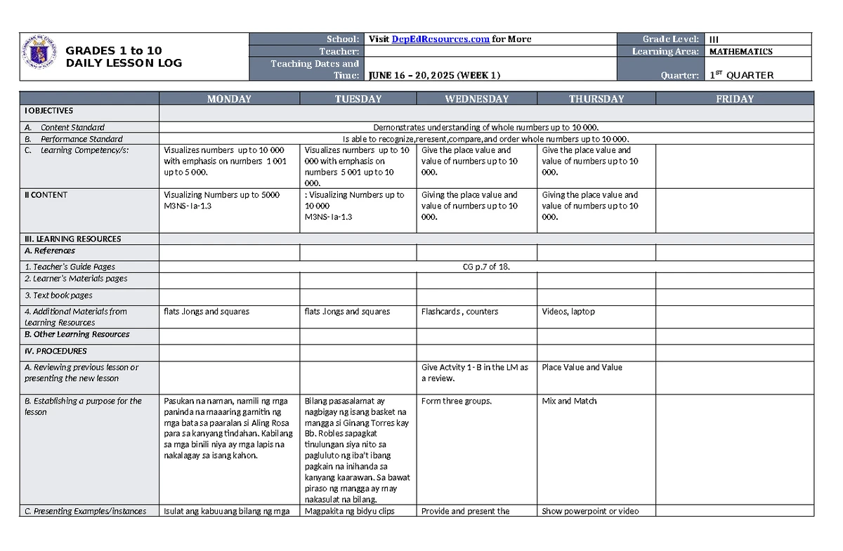 DLL ESP 3 Q1 W1: Daily Lesson Log for Grades 1-10 (June 16-20, 2025 ...