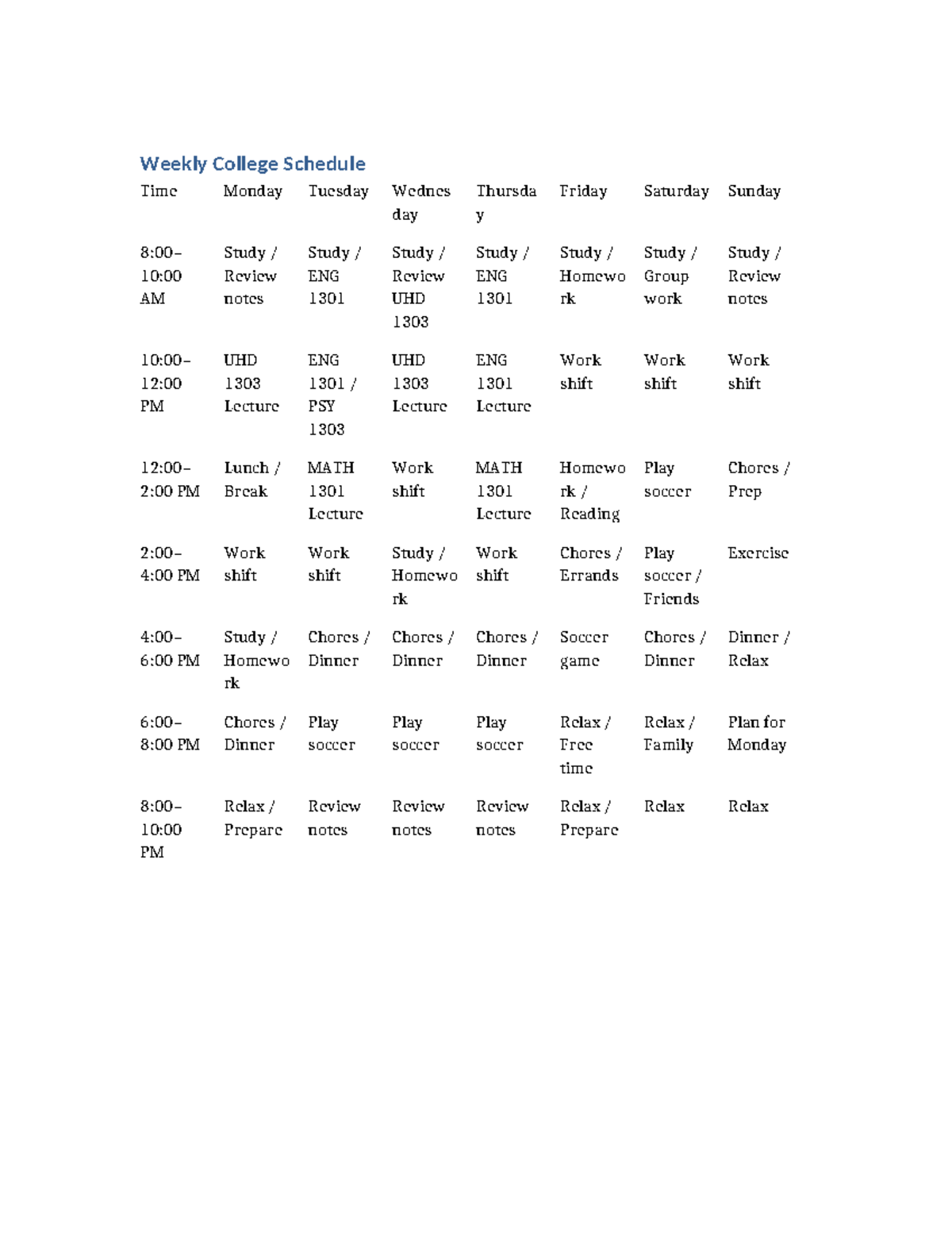 Weekly College Schedule: Classes & Activities Overview - Studocu