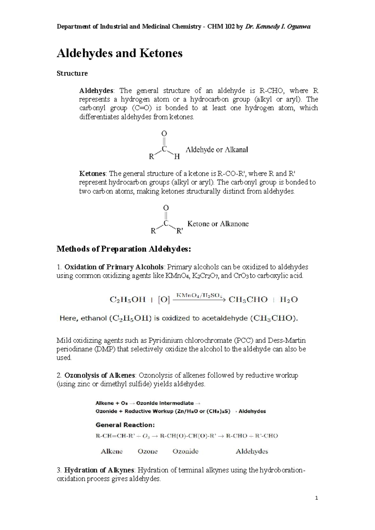 Aldehydes and Ketones Overview - CHM 102 Dr. Ogunwa - Studocu