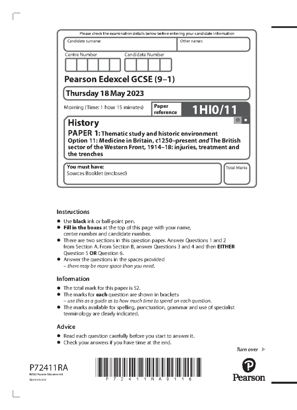 GCSE Edexcel History Paper 1: Medicine in Britain & Western Front QP ...