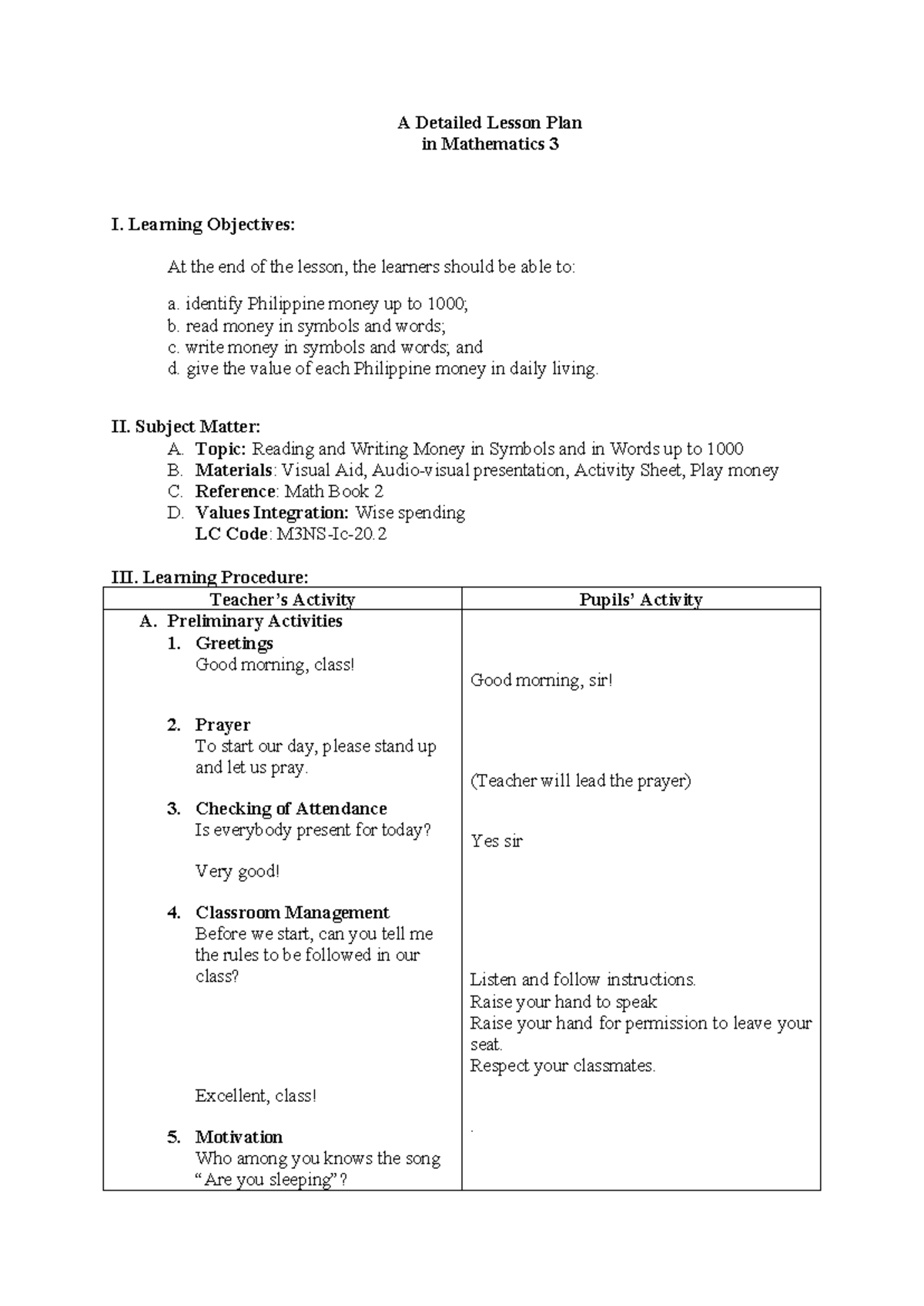 Lesson Plan 1: Reading & Writing Money in Symbols (M3NS-Ic-20) - Studocu