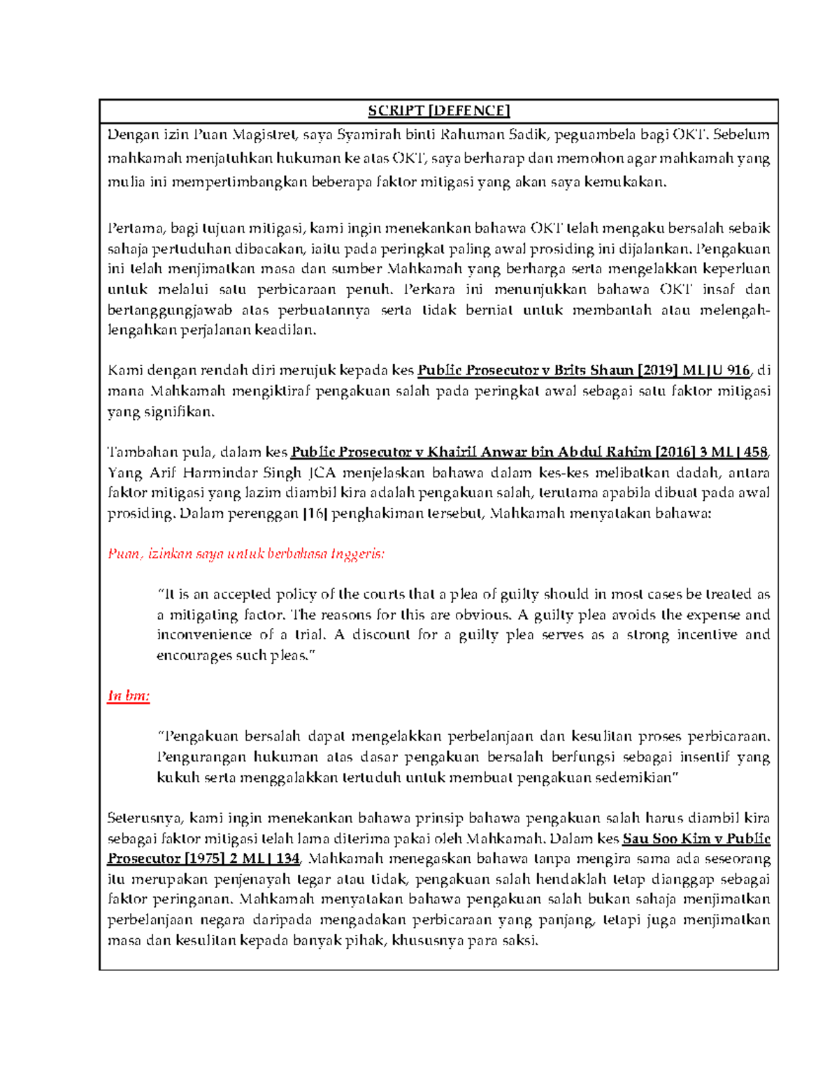 Trial Advocacy Script: Mitigating Factors for OKT in Court - Studocu