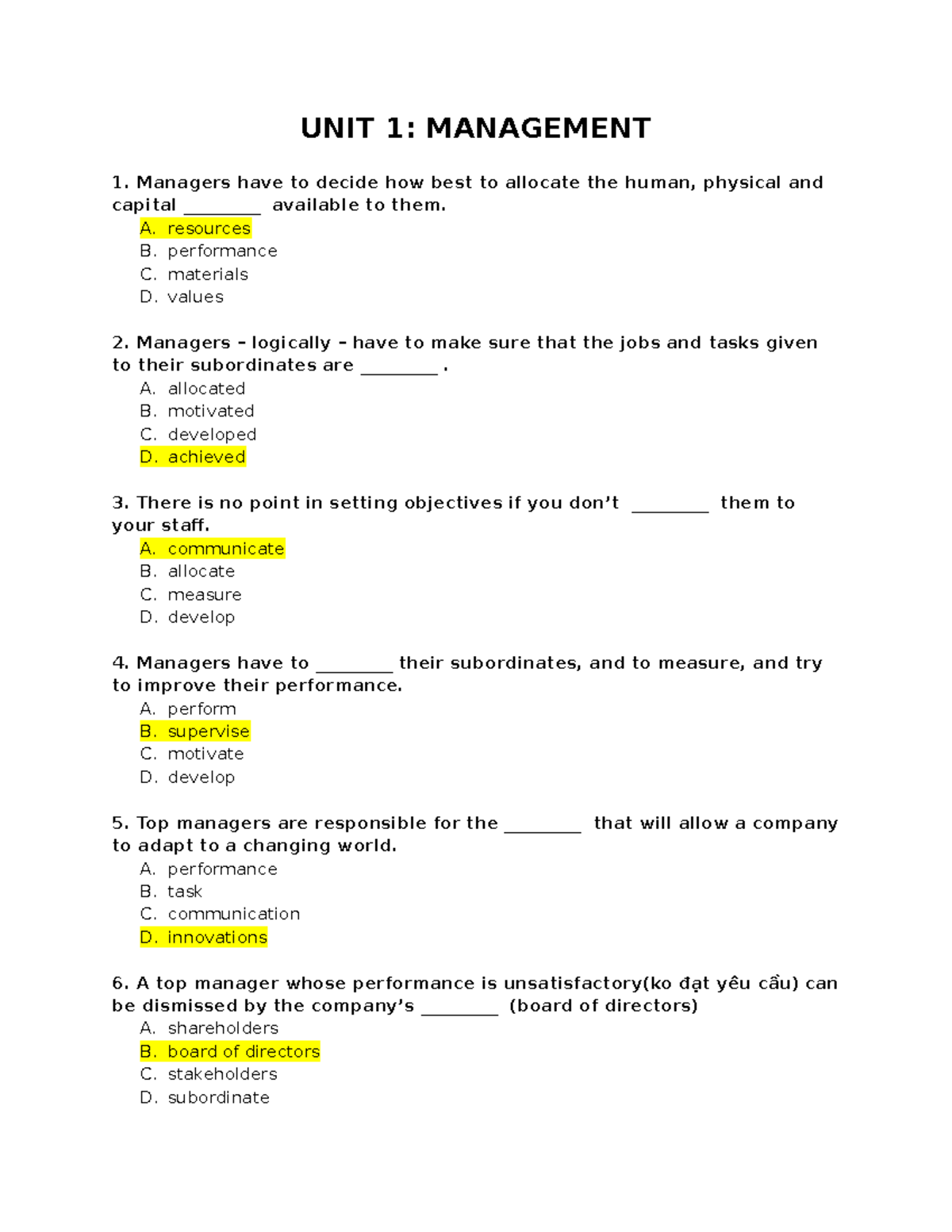 1. UNIT 1 Management - none - UNIT 1: MANAGEMENT 1. Managers have to ...