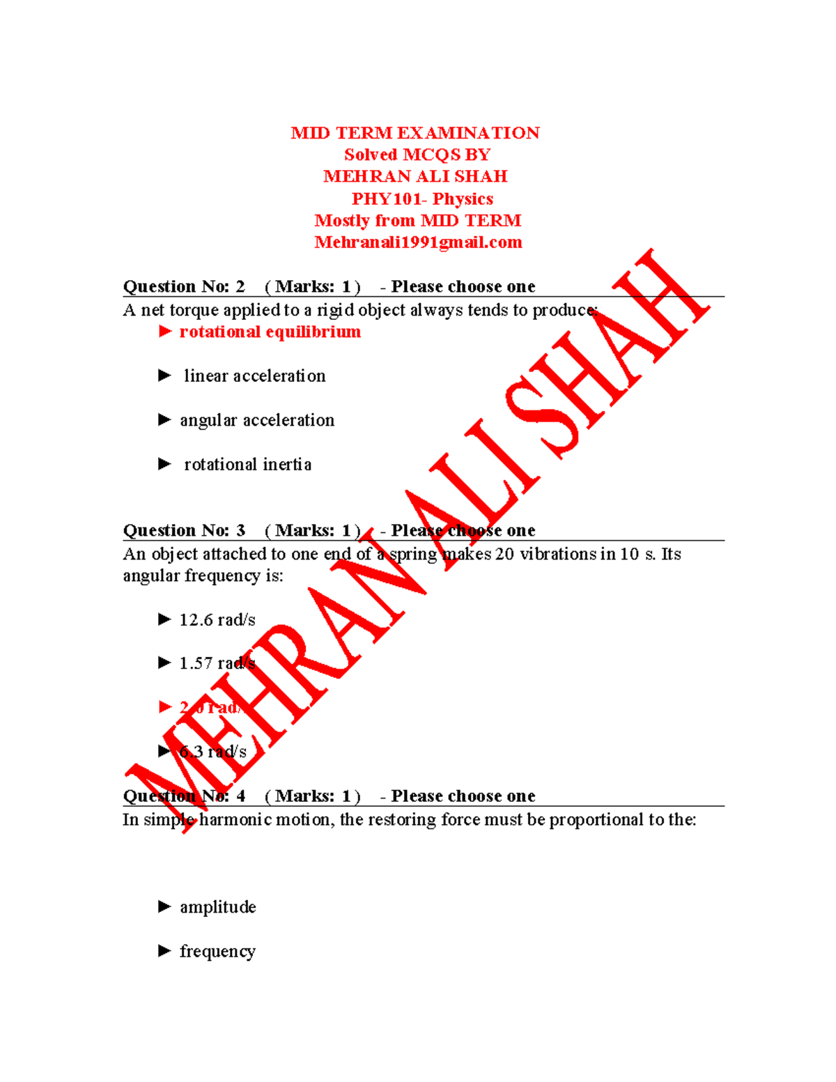 PHY101 - Midterm Solved MCQs by Mehran Ali Shah - Studocu