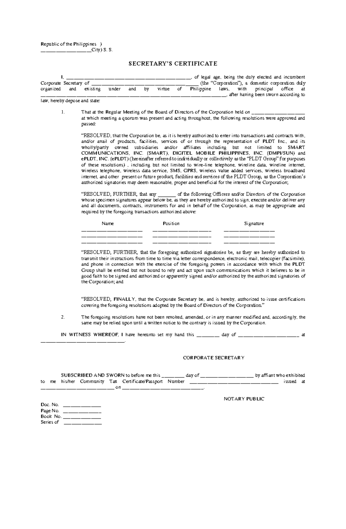 PLDT Inc. Omnibus Secretary's Certificate for Corporate Transactions ...