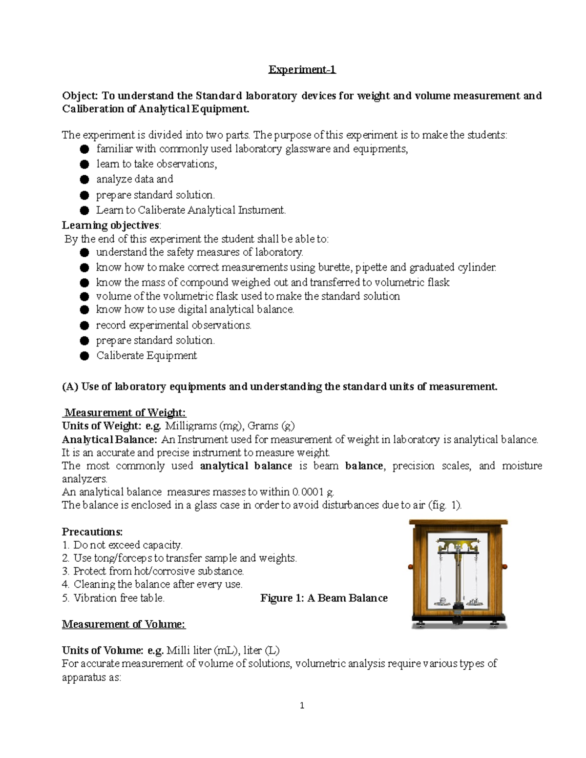 Experiment 1 Introduction to Chemistry Lab - Experiment- Object: To ...